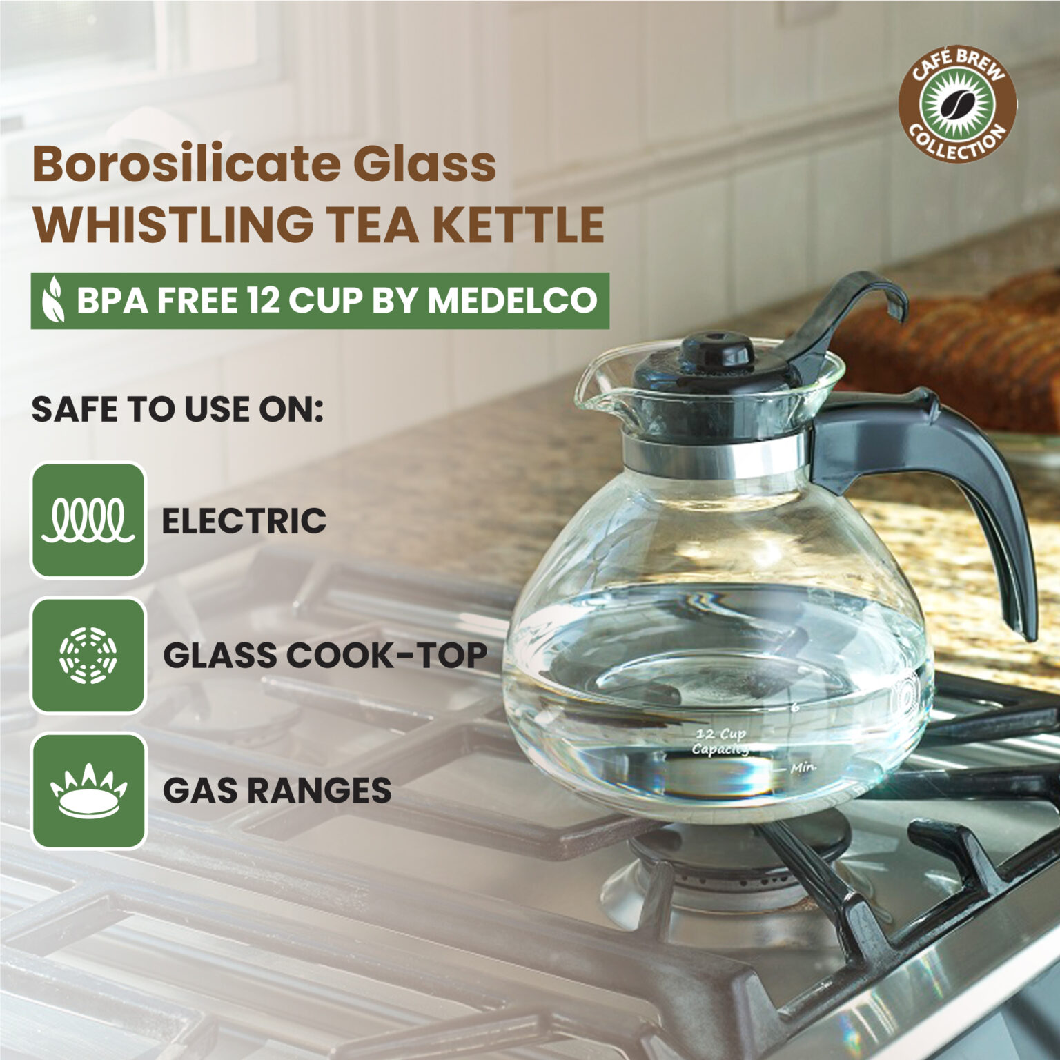 Glass Stovetop Kettle | 12 Cup Glass Whistling Tea Kettle Stovetop